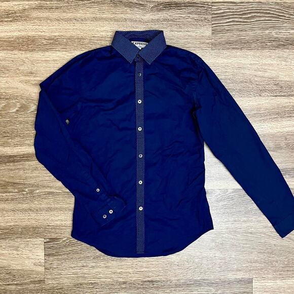 Express | Shirts | Express Navy Blue Button Up Dress Shirt With Polka ...